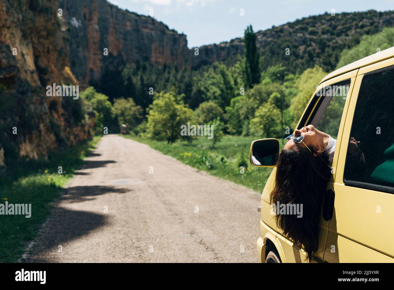 Woman sticking head out of van window on sunny day Stock Photo - Alamy