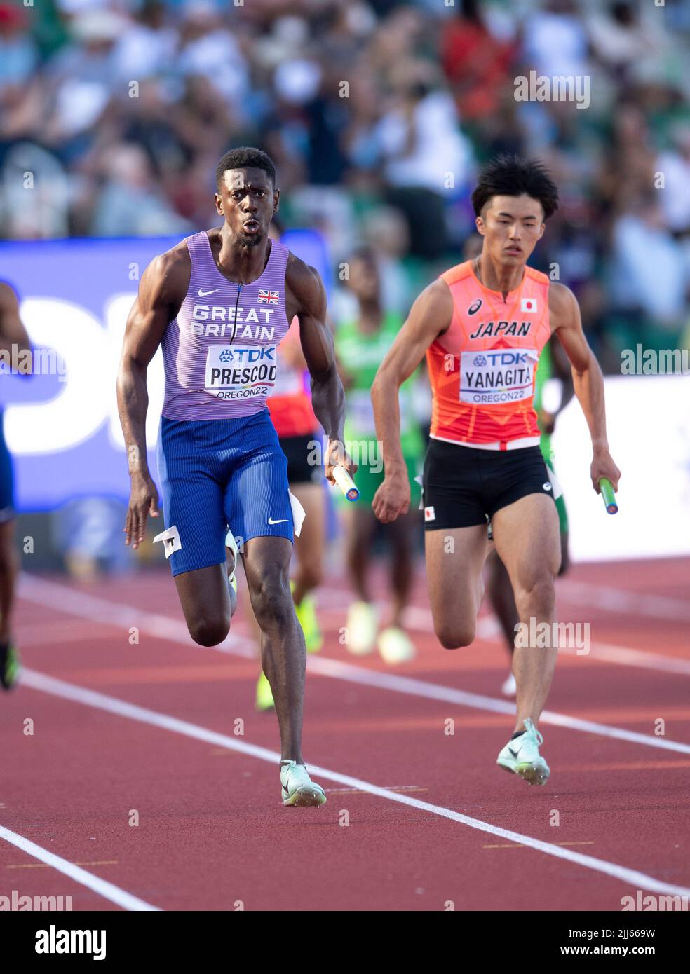 Reece Prescod (GB&NI) running in the final leg of the men’s 4x100m ...