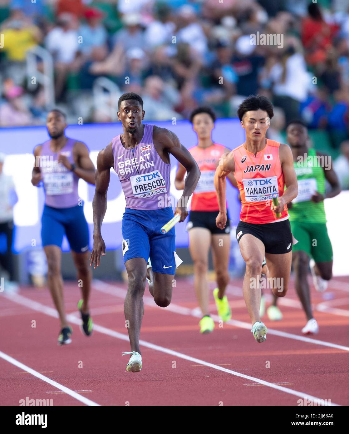 Reece Prescod (GB&NI) running in the final leg of the men’s 4x100m ...