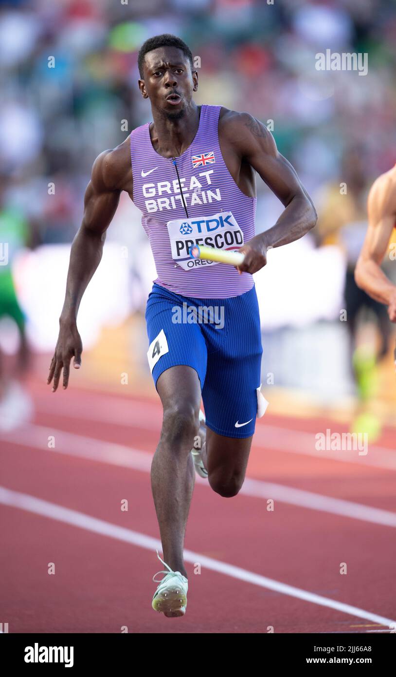 Reece Prescod (GB&NI) running in the final leg of the men’s 4x100m ...