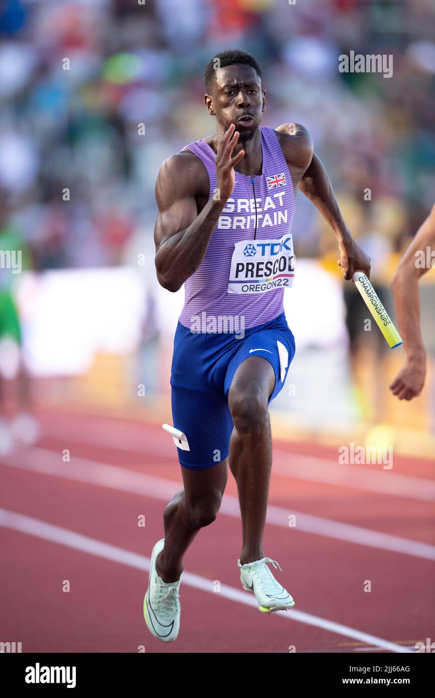Reece Prescod (GB&NI) running in the final leg of the men’s 4x100m ...