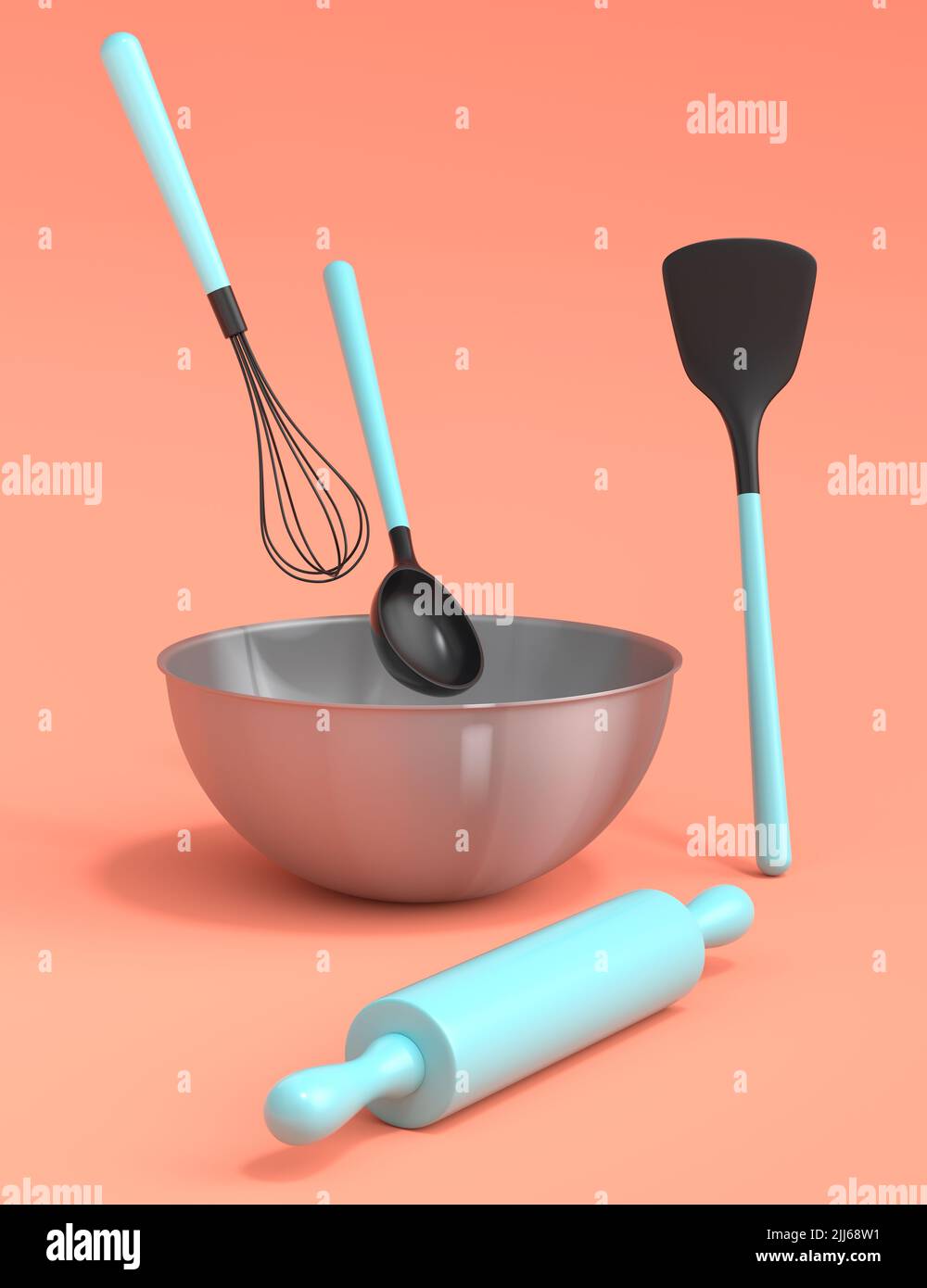 Metal bowl with kitchen utensil for preparation of dough on coral ...