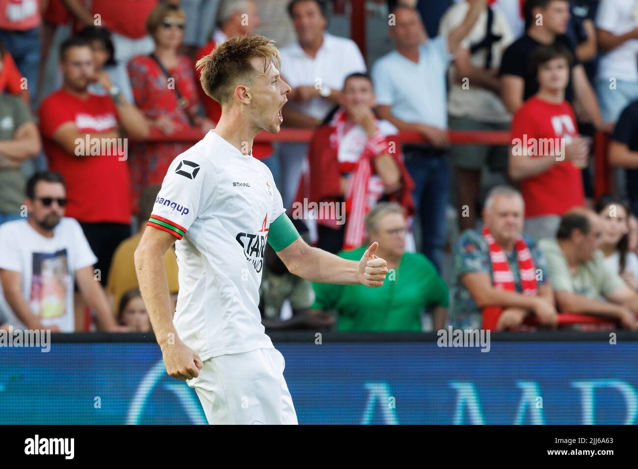 OHL's Mathieu Maertens celebrates after scoring during a soccer match ...