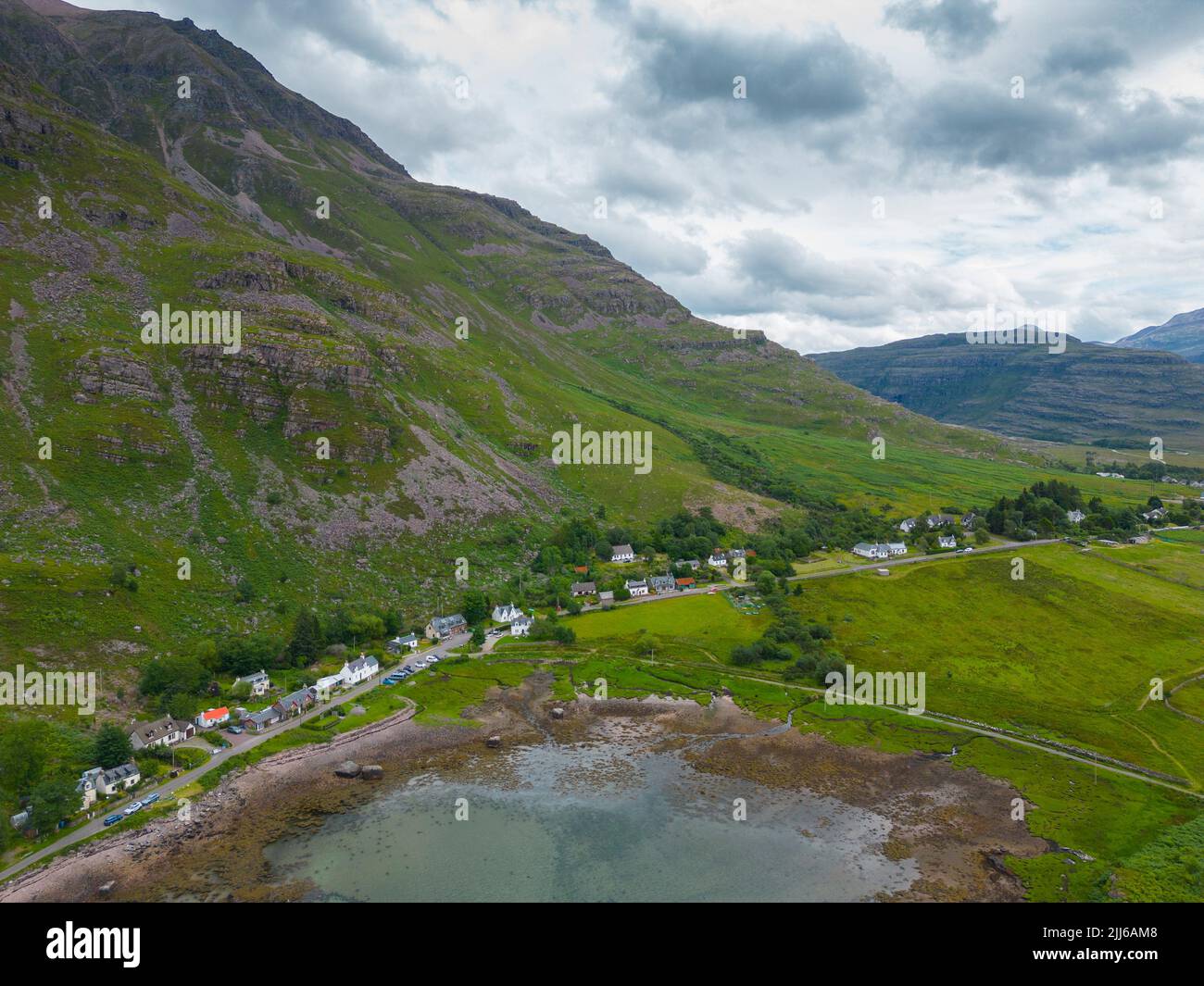 Aerial view of village of Torridon at base of Liathach mountain in ...
