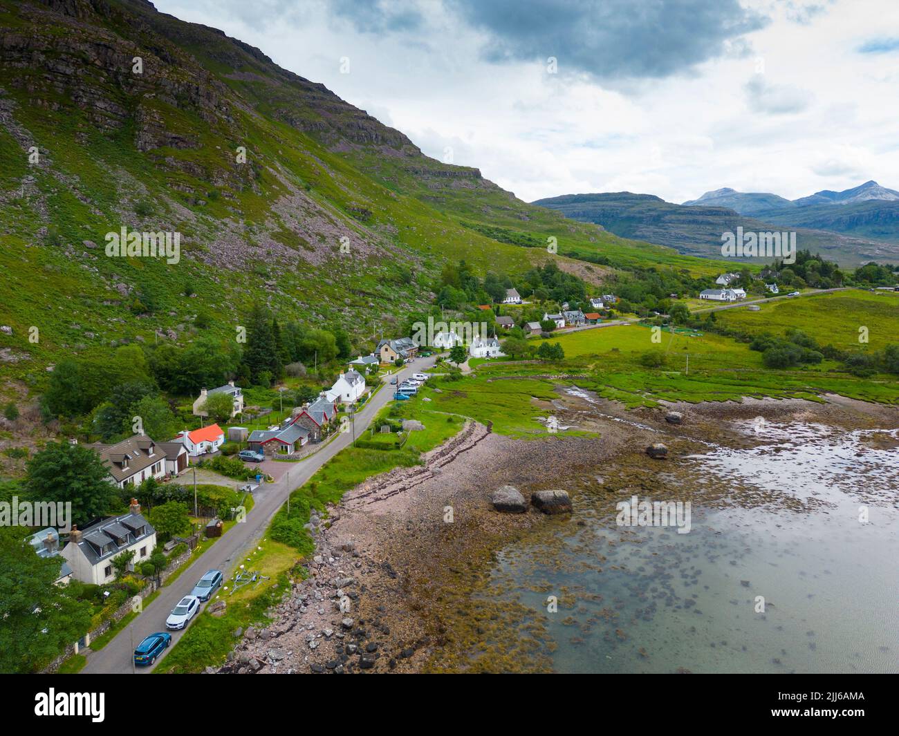 Aerial view of village of Torridon at base of Liathach mountain in ...