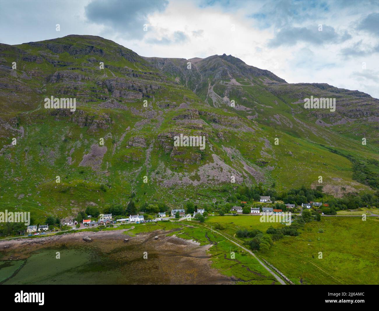 Aerial view of village of Torridon at base of Liathach mountain in ...