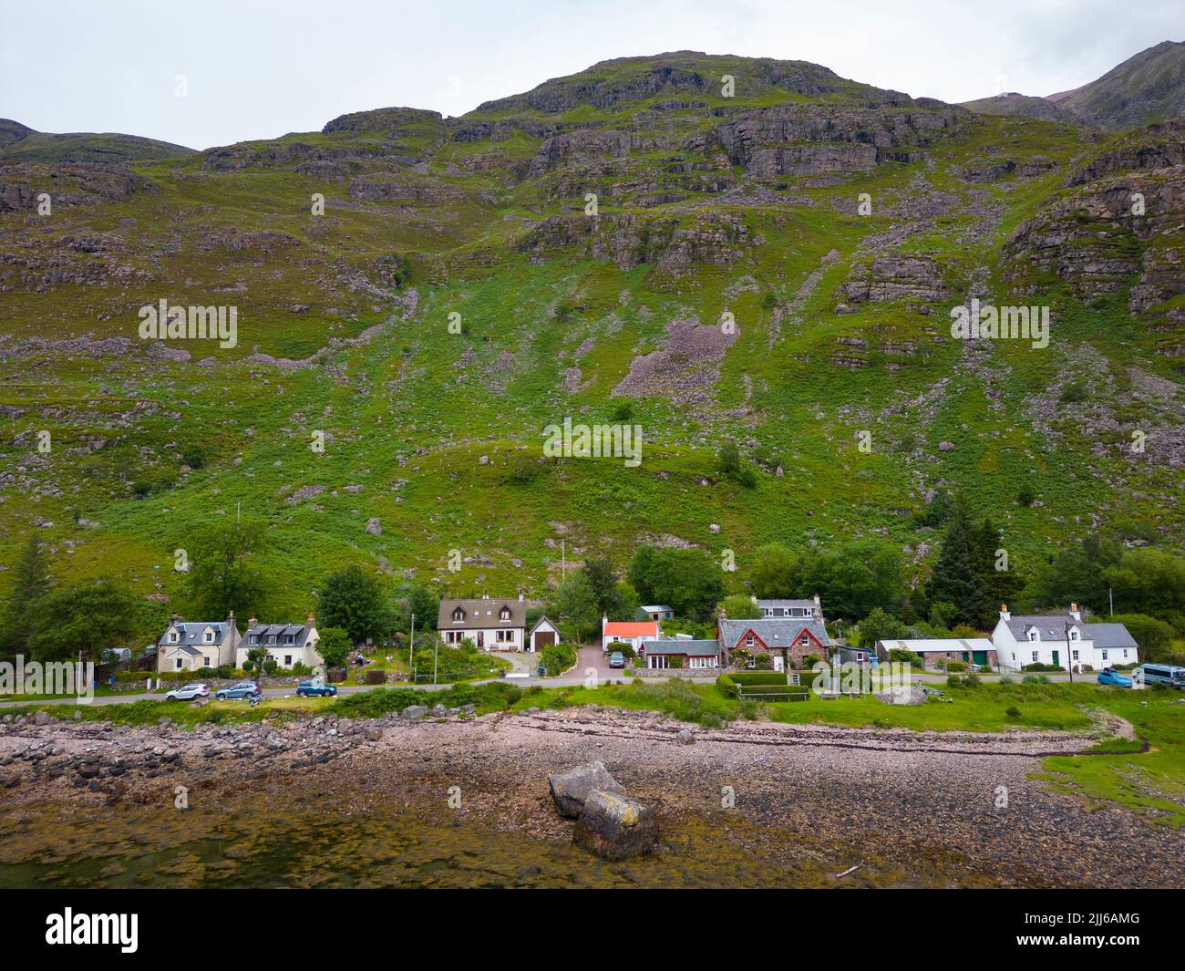 Aerial view of village of Torridon at base of Liathach mountain in ...