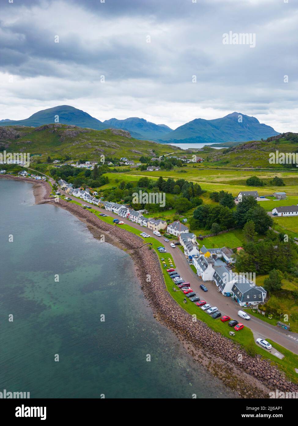 Aerial view of village of Shieldaig on Loch Shieldaig in Wester Ross ...