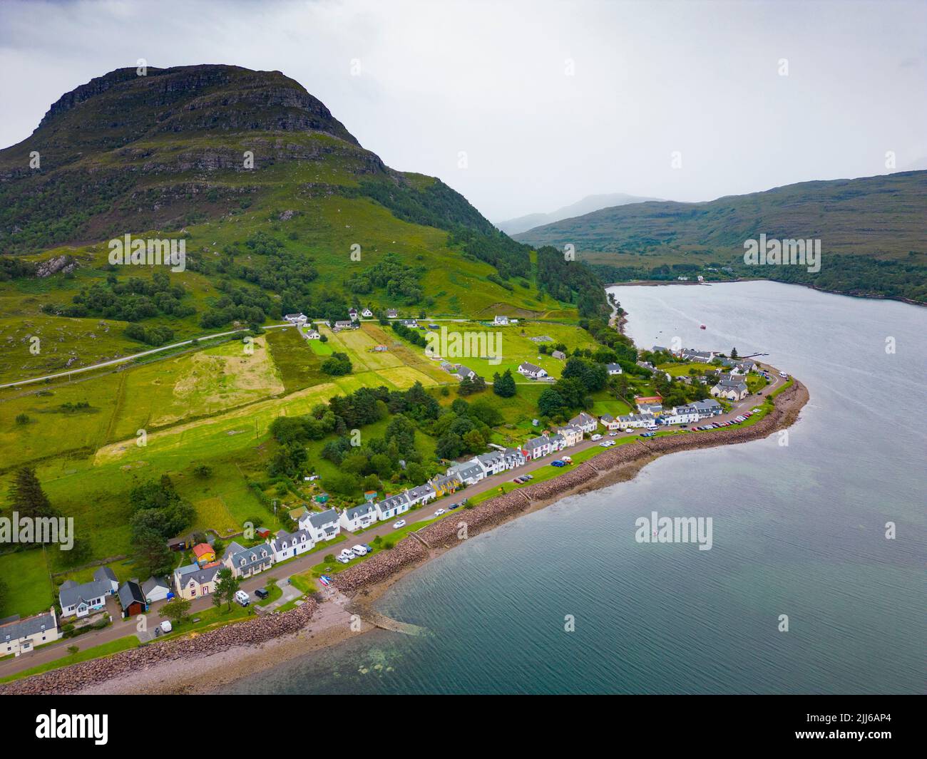 Aerial view of village of Shieldaig on Loch Shieldaig in Wester Ross ...