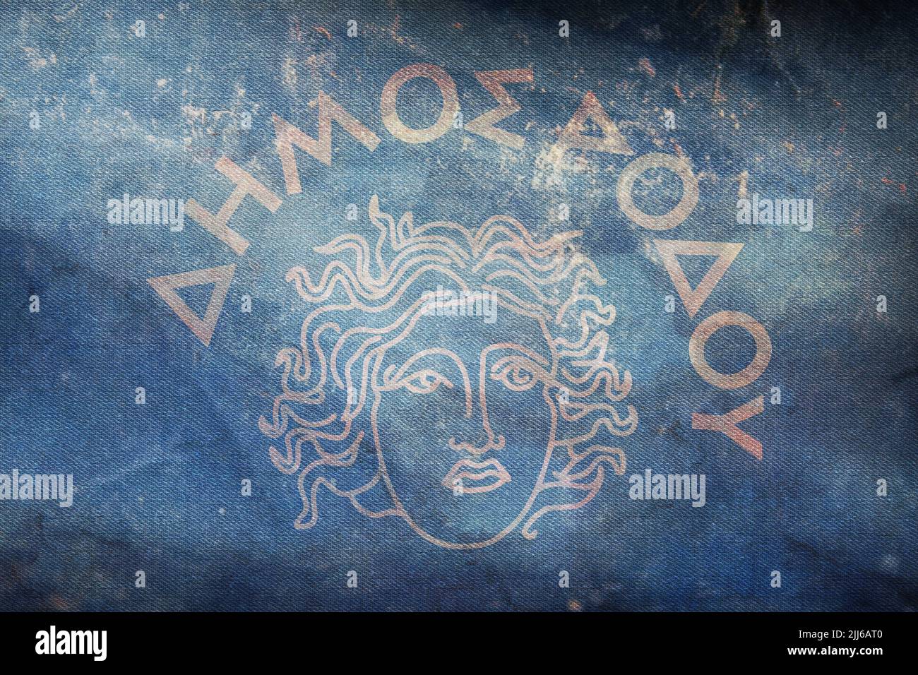 Top view of retro flag Rhodes Island Greece with grunge texture. Greek ...