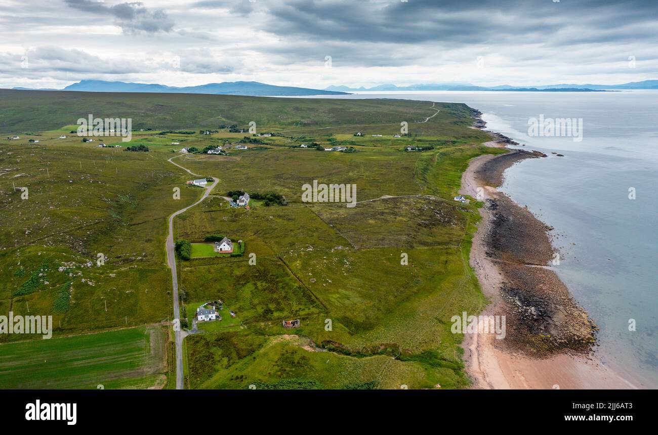Aerial view of Opinan beach and village in Wester Ross, Scotland, UK ...