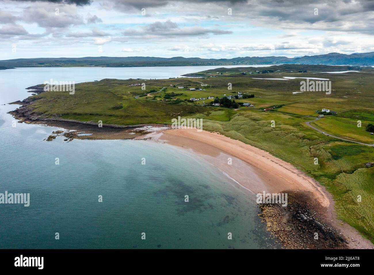 Aerial view of Opinan beach and village in Wester Ross, Scotland, UK ...