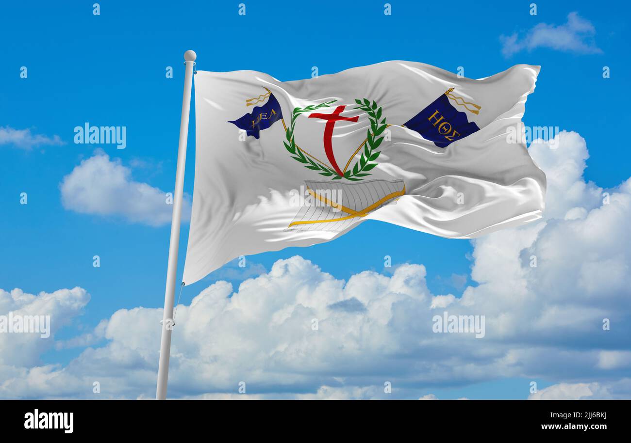 official flag of Filiki Eteria Greece at cloudy sky background on ...