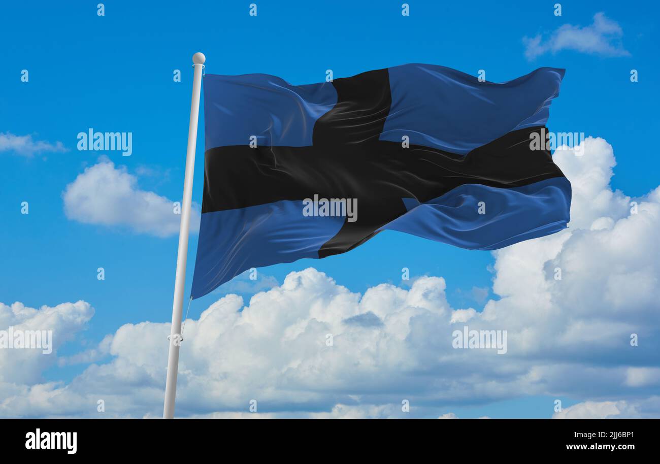 official flag of Greek black cross Greece at cloudy sky background on ...