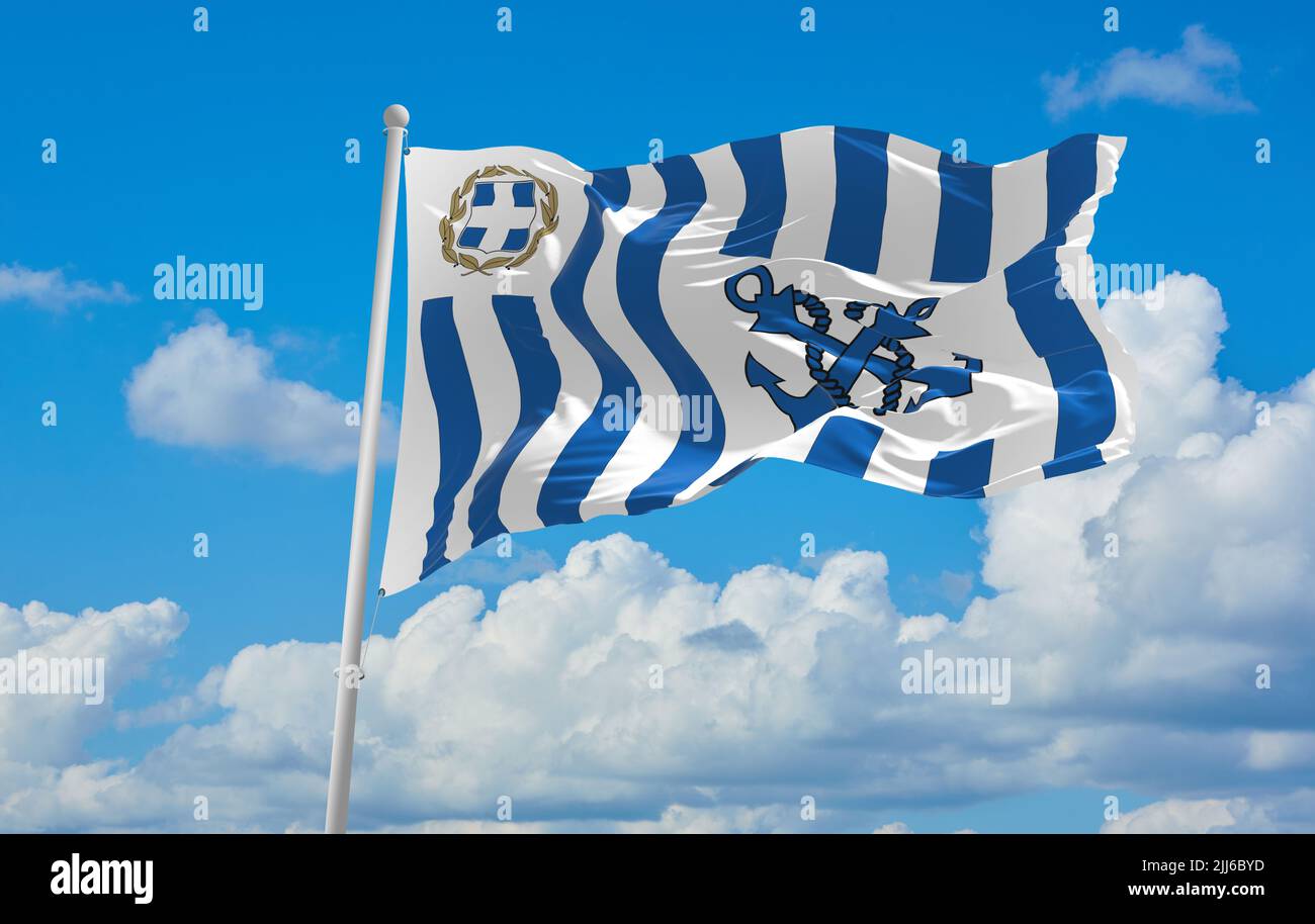 official flag of Hellenic Coast Guard House Greece at cloudy sky ...