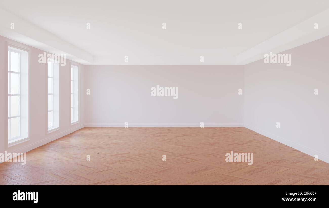 Room with White Walls, Ceiling and Cornice, Three Large Windows, Glossy ...