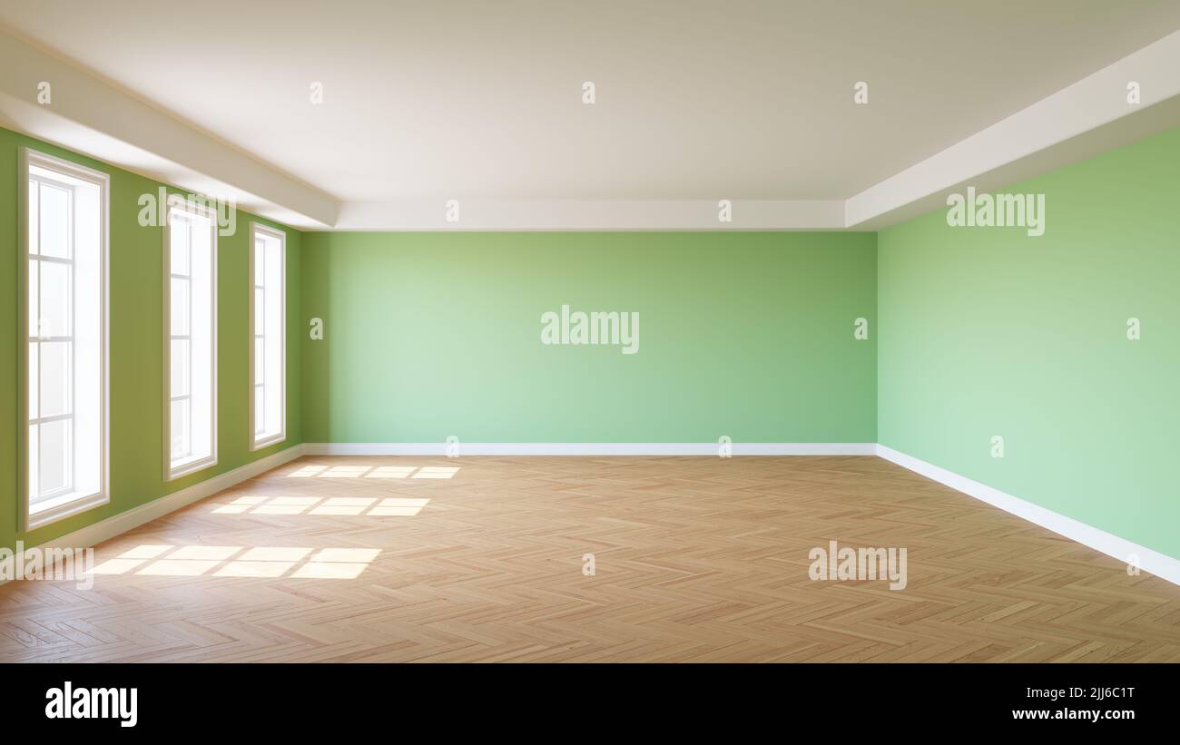 Empty Sunny Interior Room with Green Walls, Three Large Windows, White ...