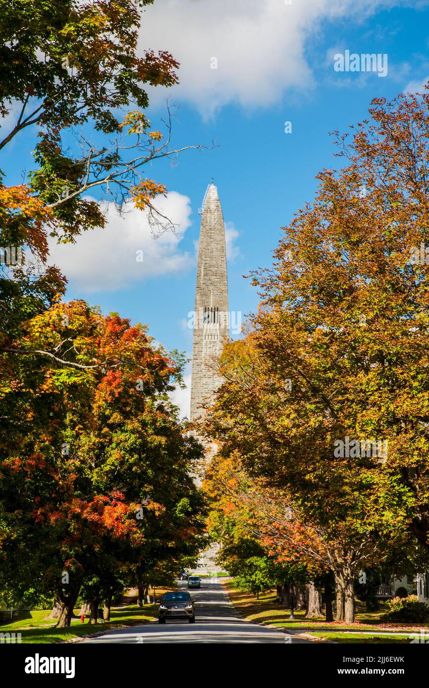 Autumn trees and Bennington Battle Monument in Bennington, Vermont, VT ...