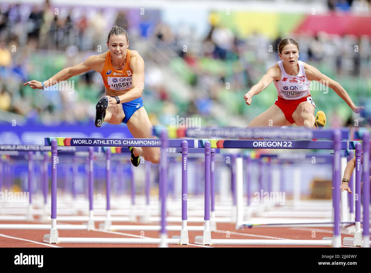 EUGENE - Nadine Visser in action during the 100 meter hurdles series on ...