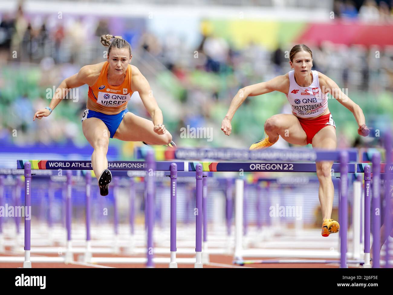 EUGENE - Nadine Visser in action during the 100 meter hurdles series on ...