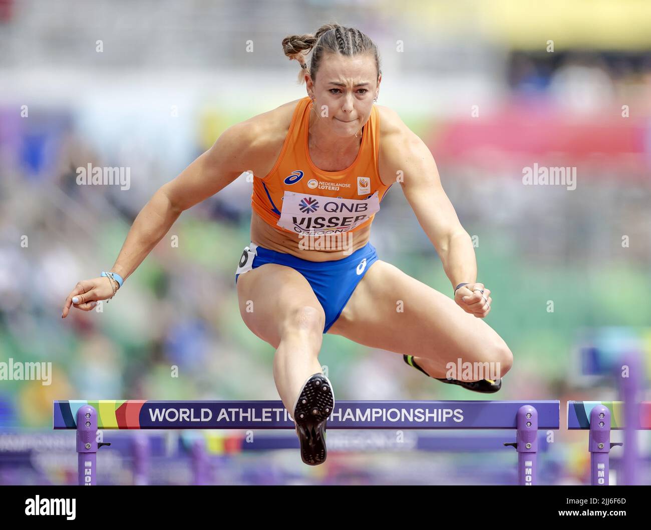 EUGENE - Nadine Visser in action during the 100 meter hurdles series on ...