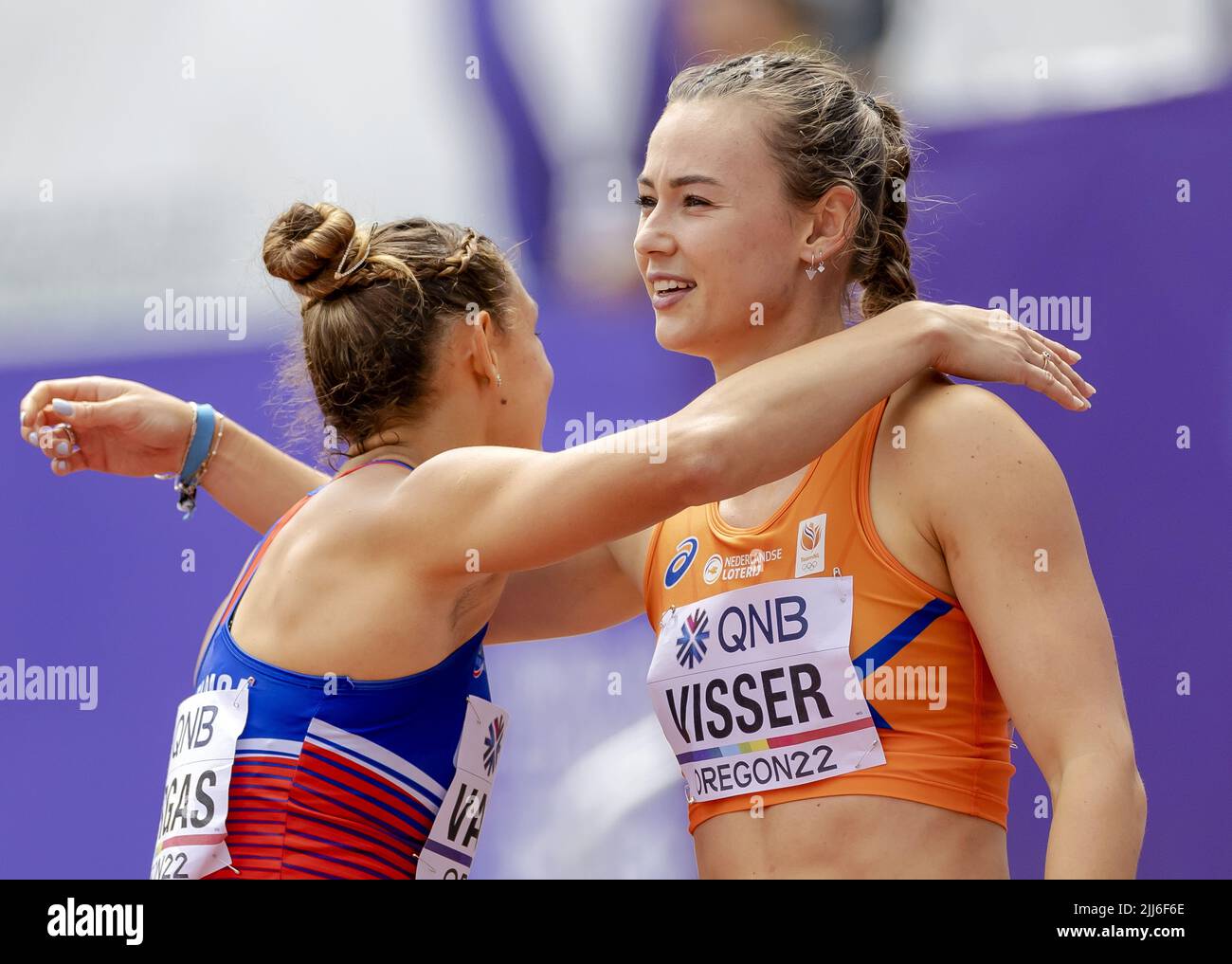 EUGENE - Nadine Visser in action during the 100 meter hurdles series on ...
