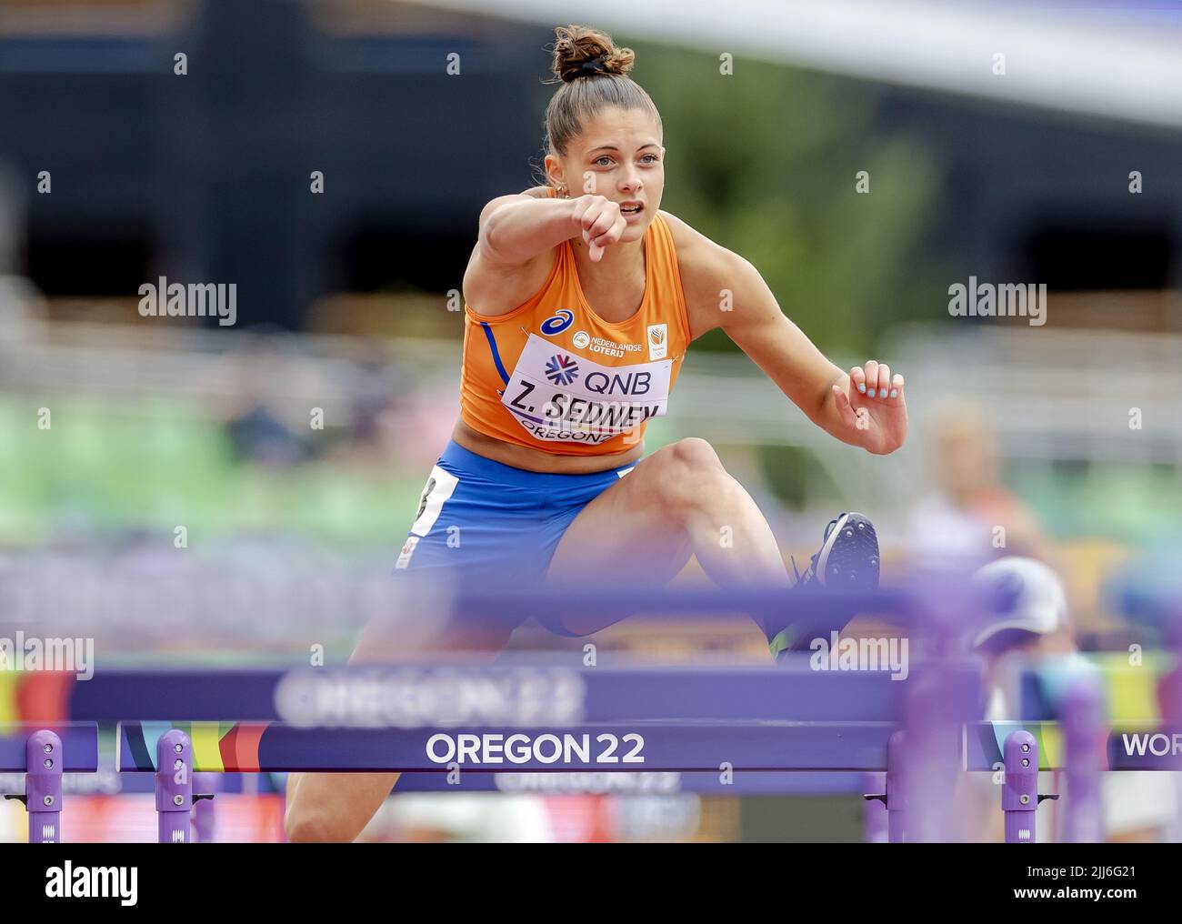 EUGENE - Zoe Sedney in action during the 100m hurdles series on the ...