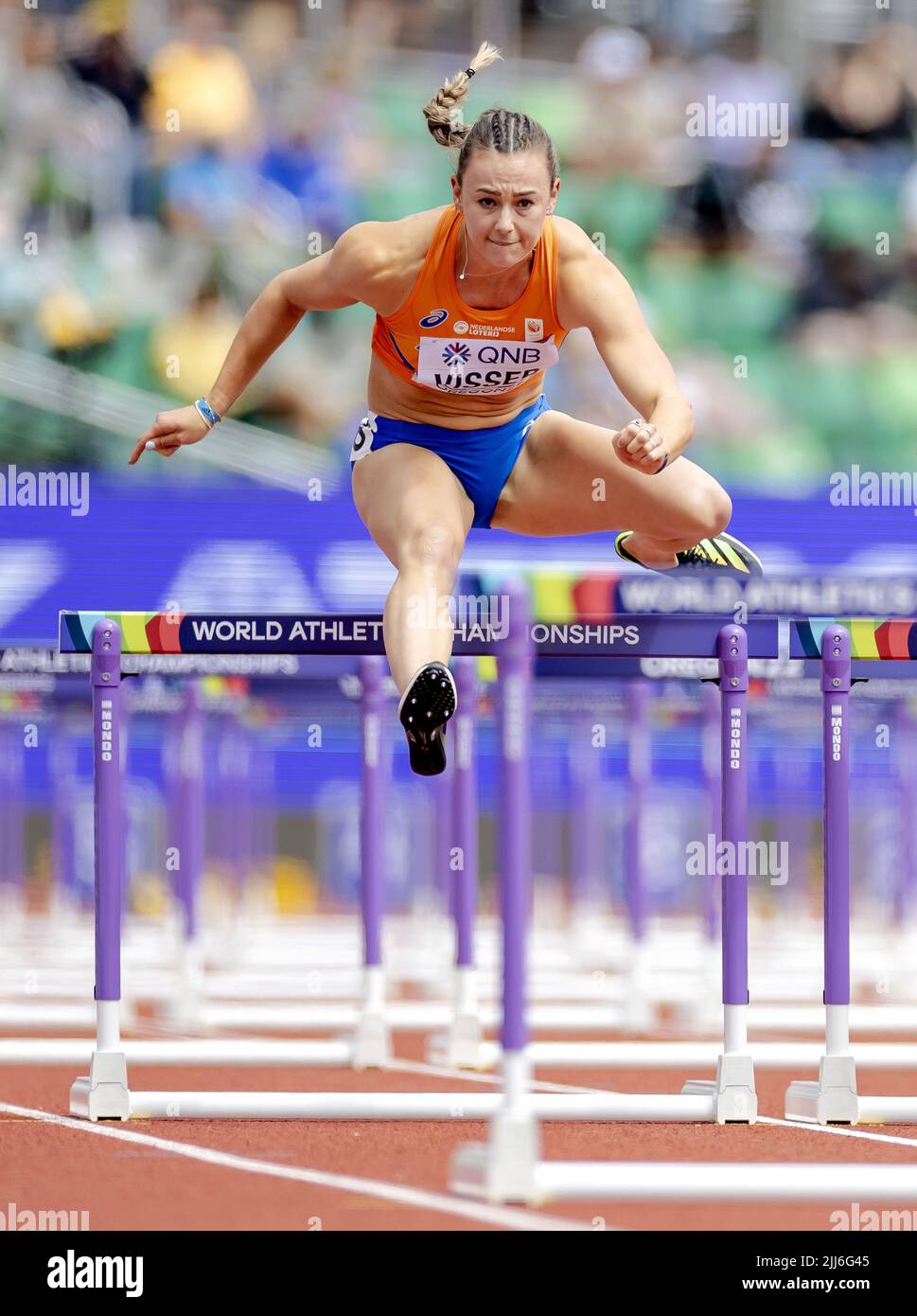 EUGENE - Nadine Visser in action during the 100 meter hurdles series on ...