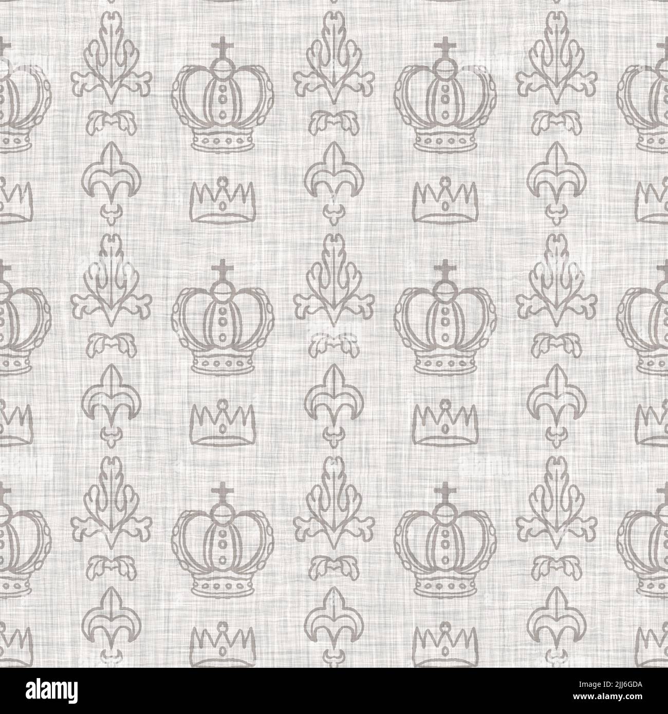 French grey crown motif seamless pattern. Tonal country cottage style ...