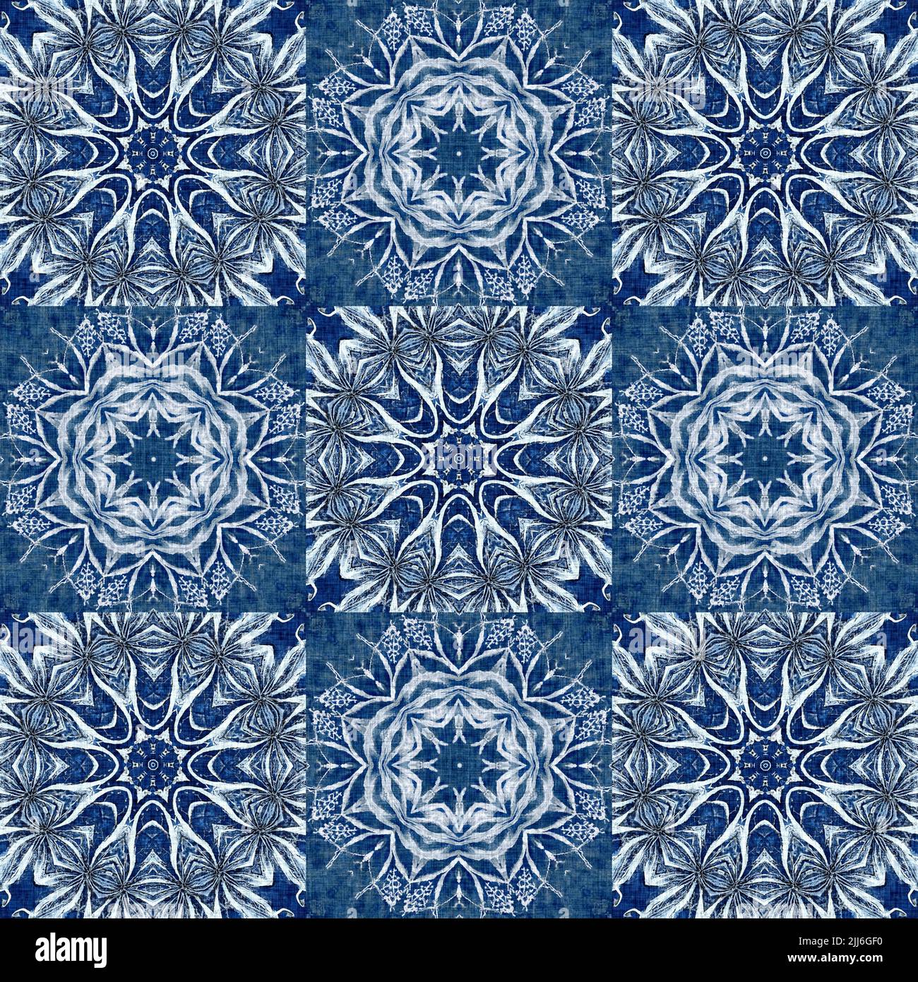 Indigo blue snow flake patchwork pattern background. Frosty painterly effect seamless backdrop ...