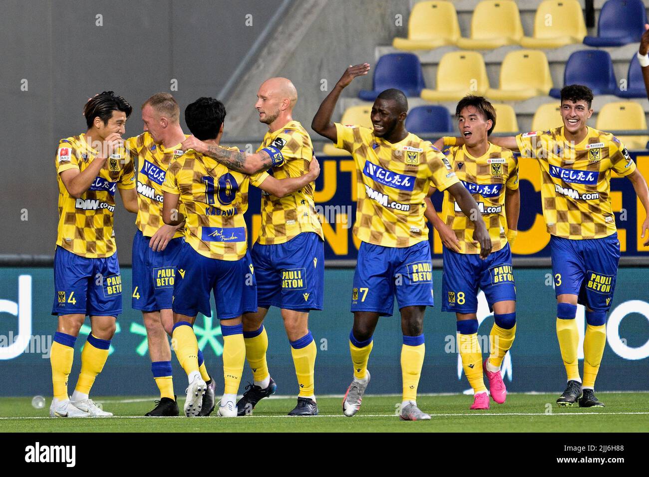 STVV's players celebrate after scoring during a soccer match between ...