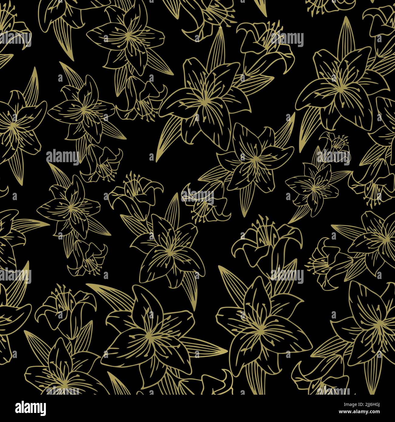 seamless repeating pattern of golden contour flowers of lilies on a ...