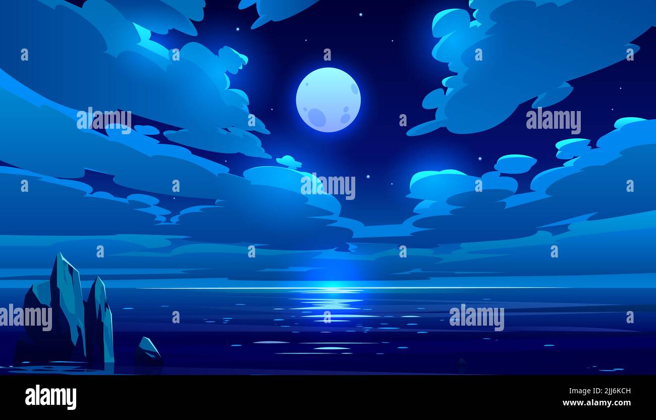 Full moon night ocean or sea landscape. Starry sky with clouds and ...