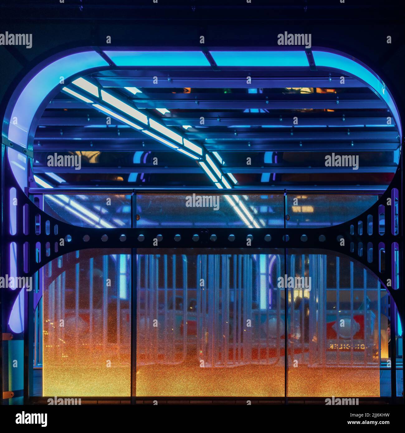 Modern interior design with neon lighting, abstract neon blue ...