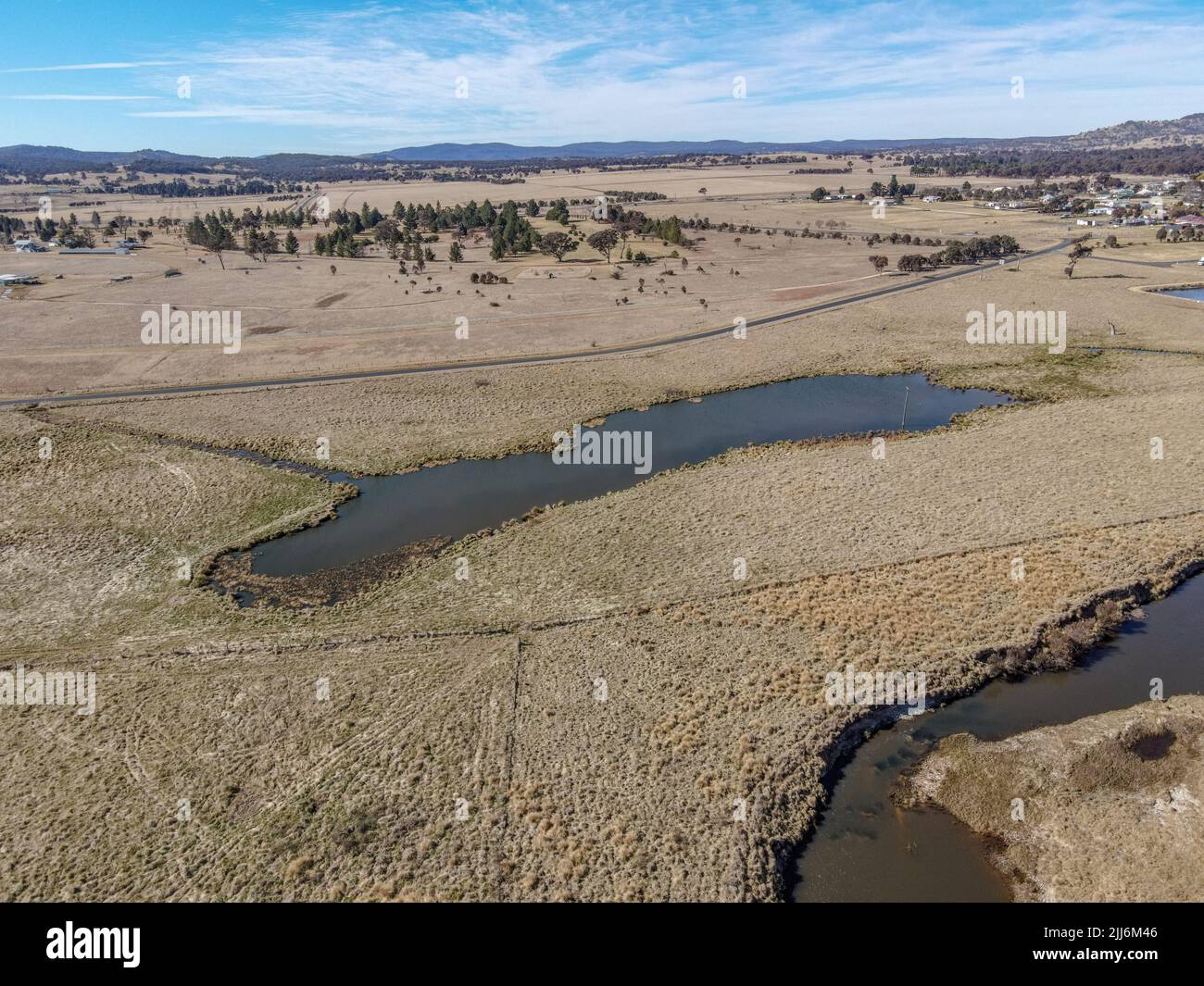An aerial view of small lakes in the fields of a village of Deepwater ...