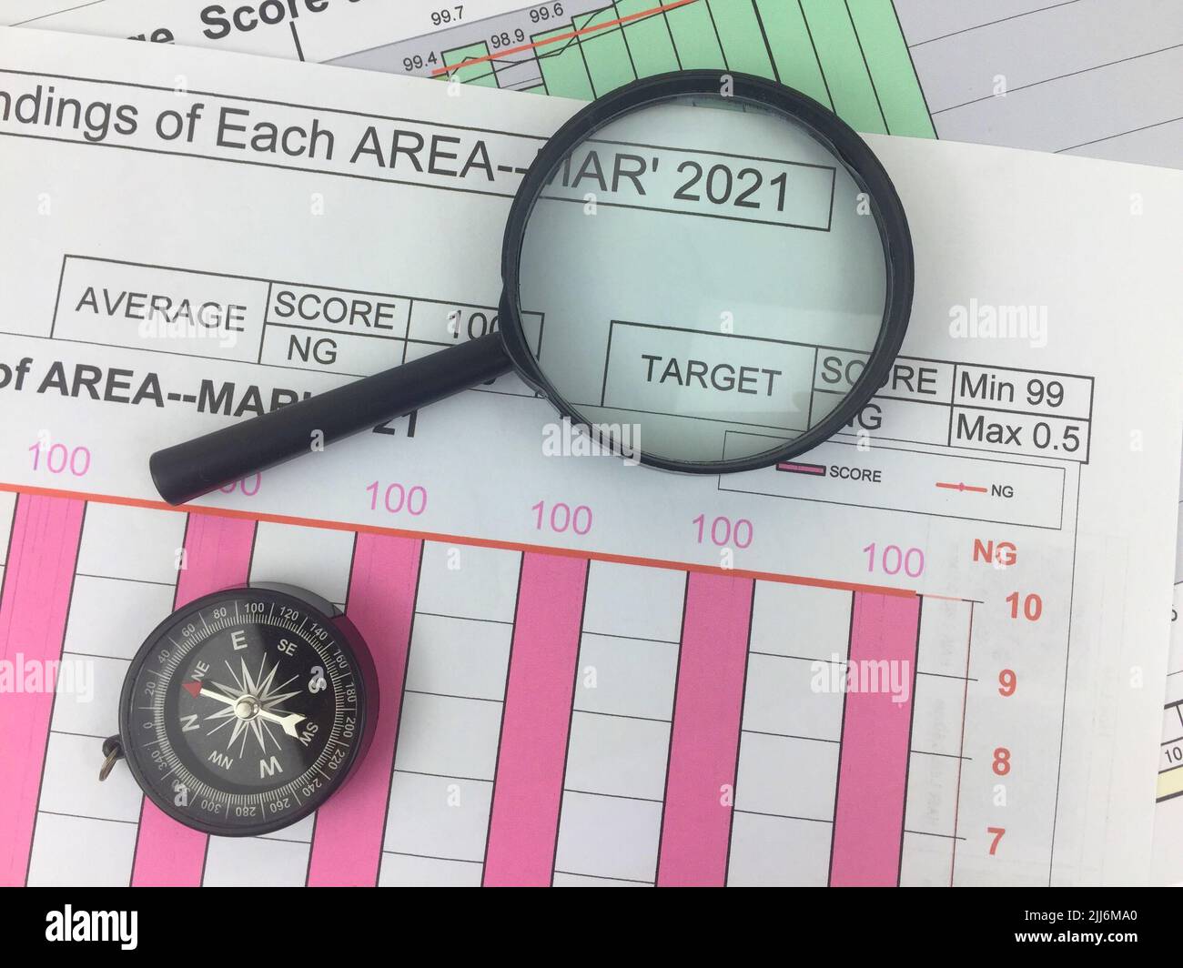 A composition of sheets of data analysis and graphs, magnifier, and ...