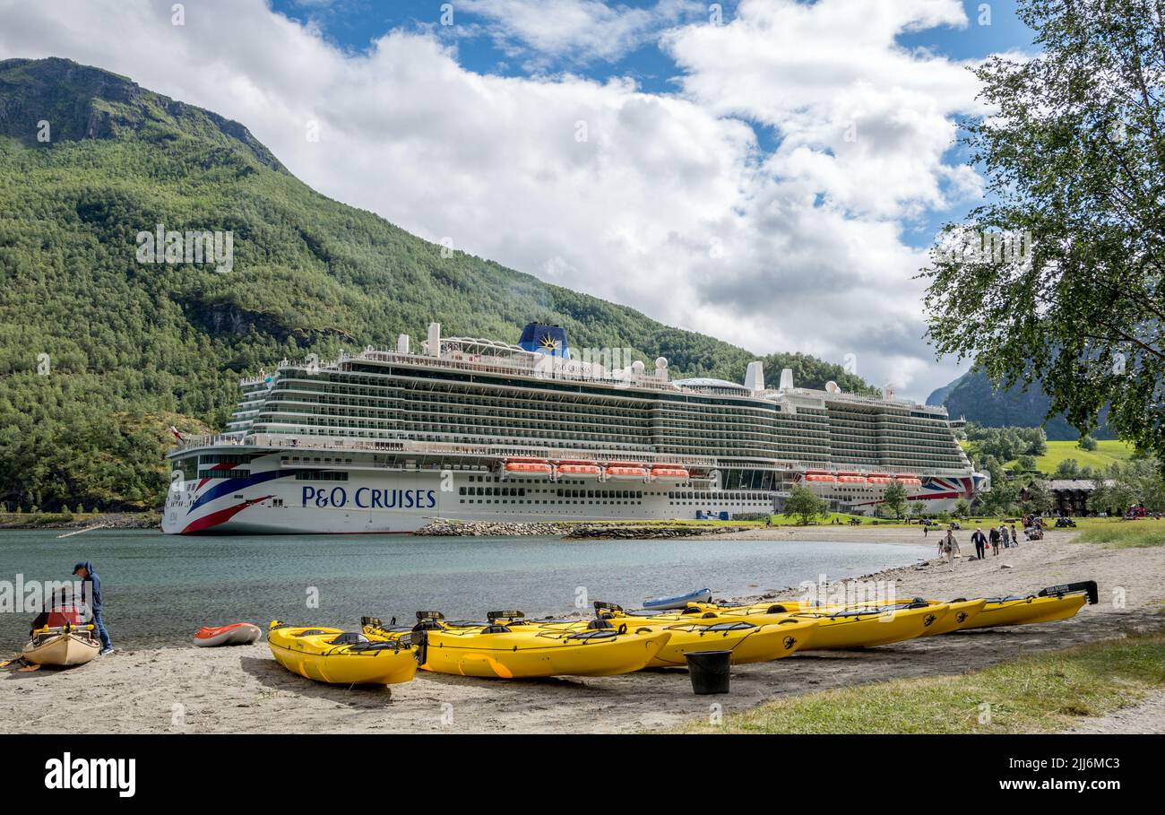 Yellow canoes for hire with P&O cruise ship Iona morred in the ...