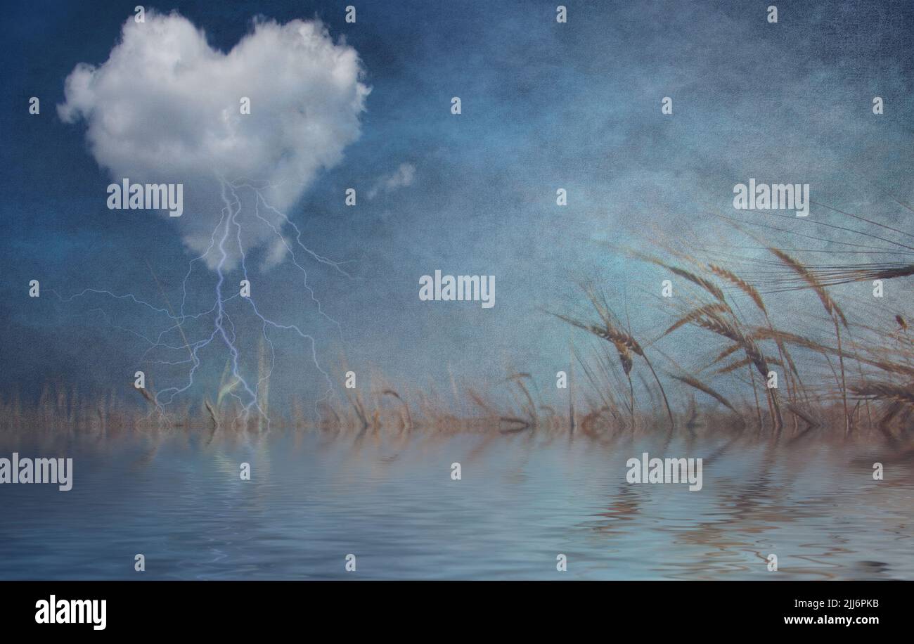 Surreal digital art. Storm cloud in shape of heart over quiet pond. 3D ...