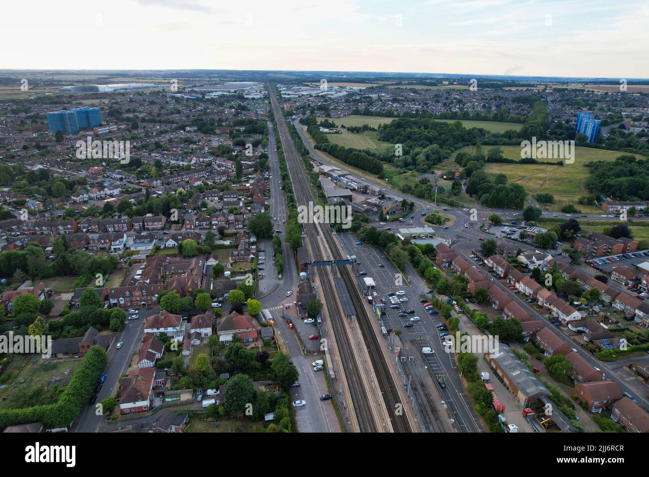 Aerial footage high angle view of Luton Town of England and Railways ...