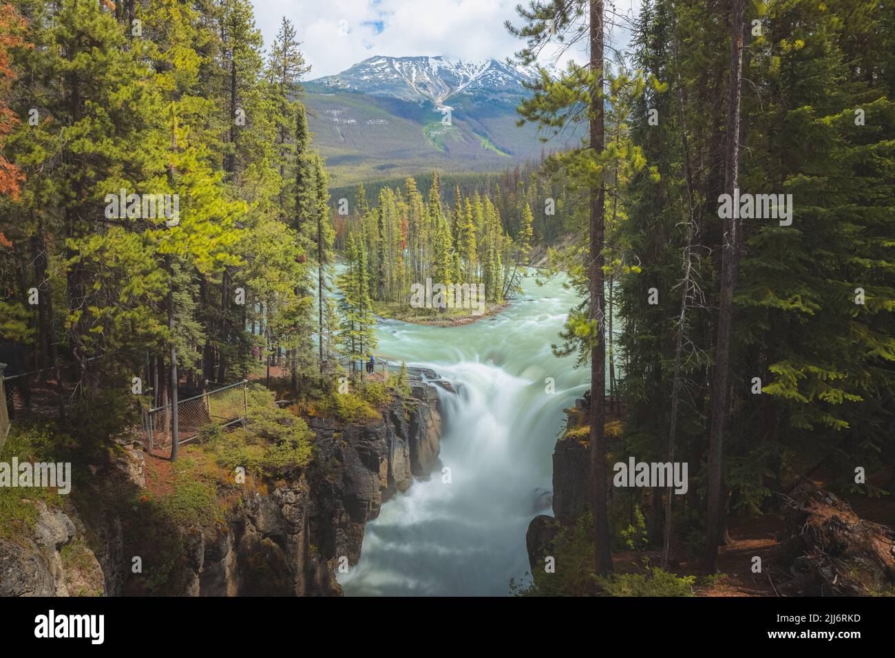 Epic scenic landscape view of Sunwapta Falls waterfall and Athabasca ...