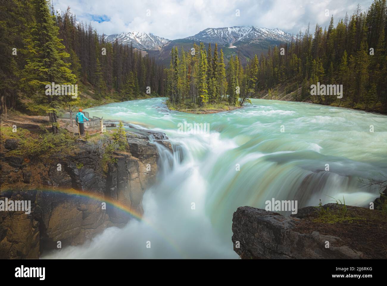 Epic scenic landscape view of Sunwapta Falls waterfall and Athabasca ...