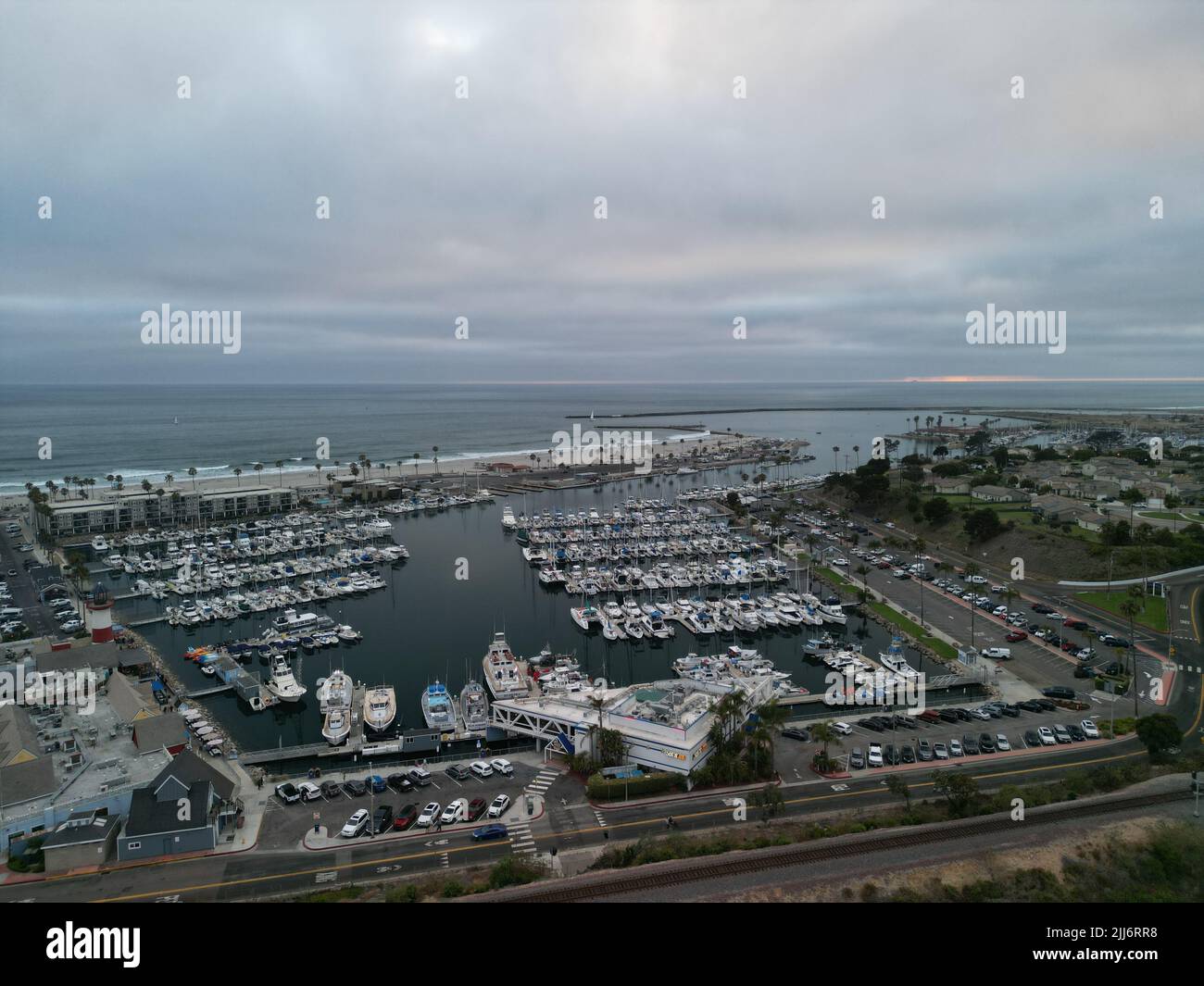 An aerial view of boats moored on a marina under a gloomy sky Stock ...