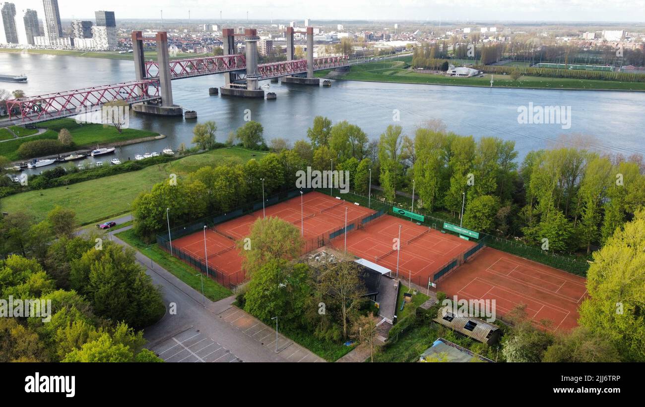 An aerial distant view of the Spijkenisserbrug Bridge in Hoogvliet ...