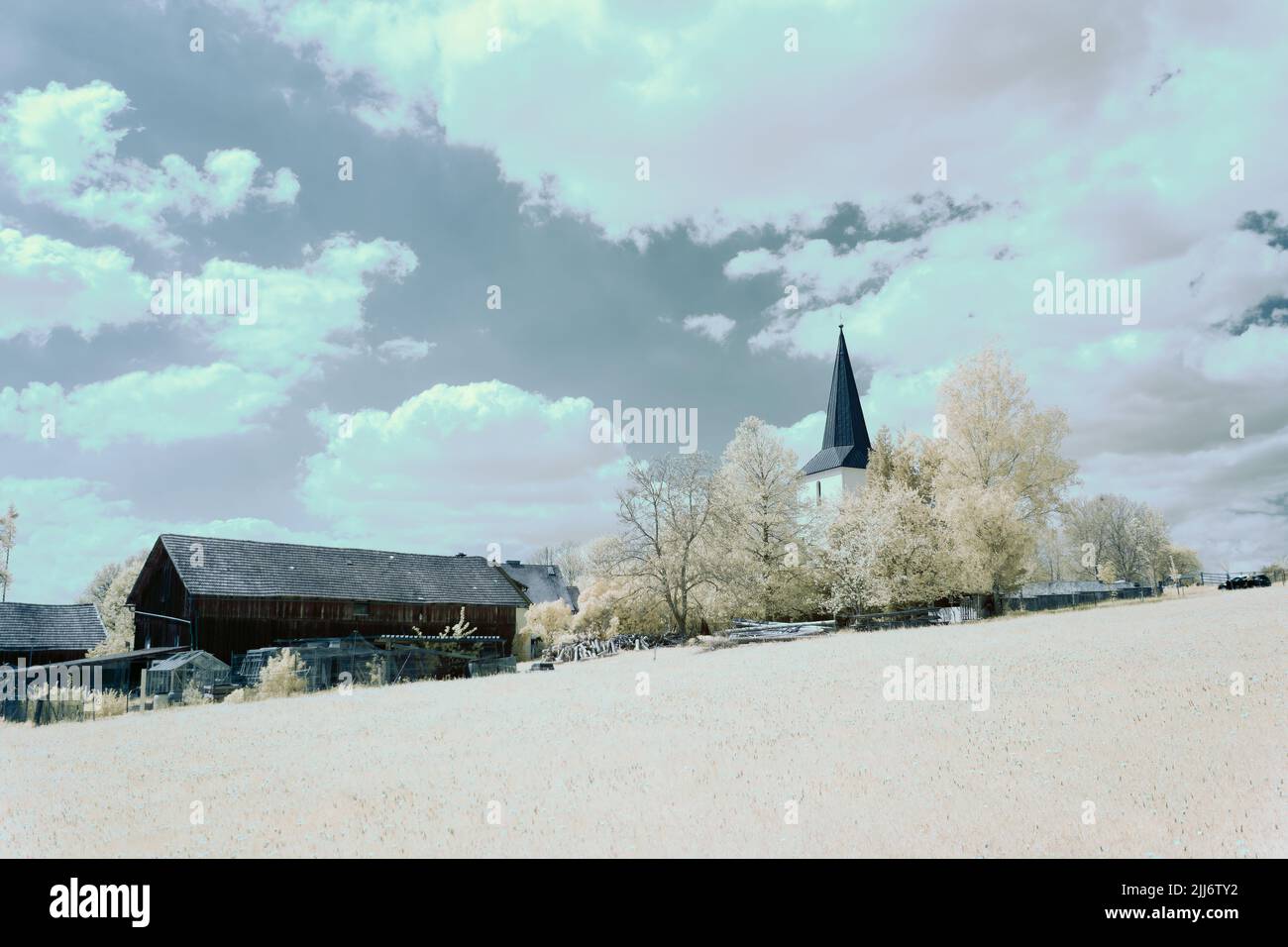 A nice scenery of a village with a wooden house and a church surrounded ...