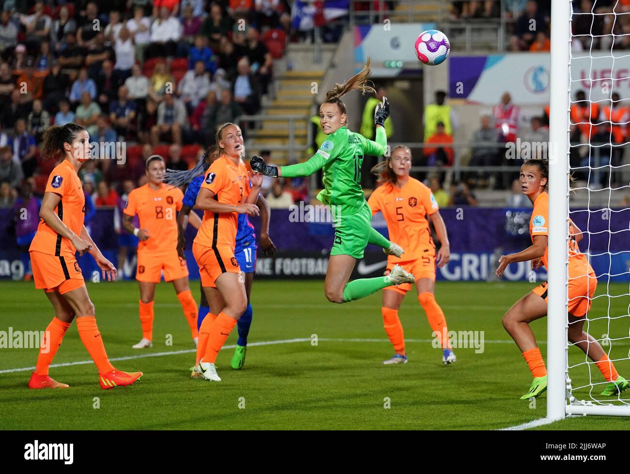 Netherlands goalkeeper Daphne van Domselaar makes a save late in the ...