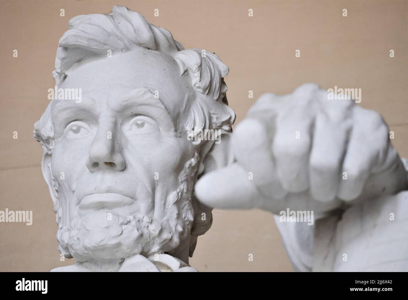 A close up of marble statue of Abraham Lincoln in the Lincoln Memorial ...