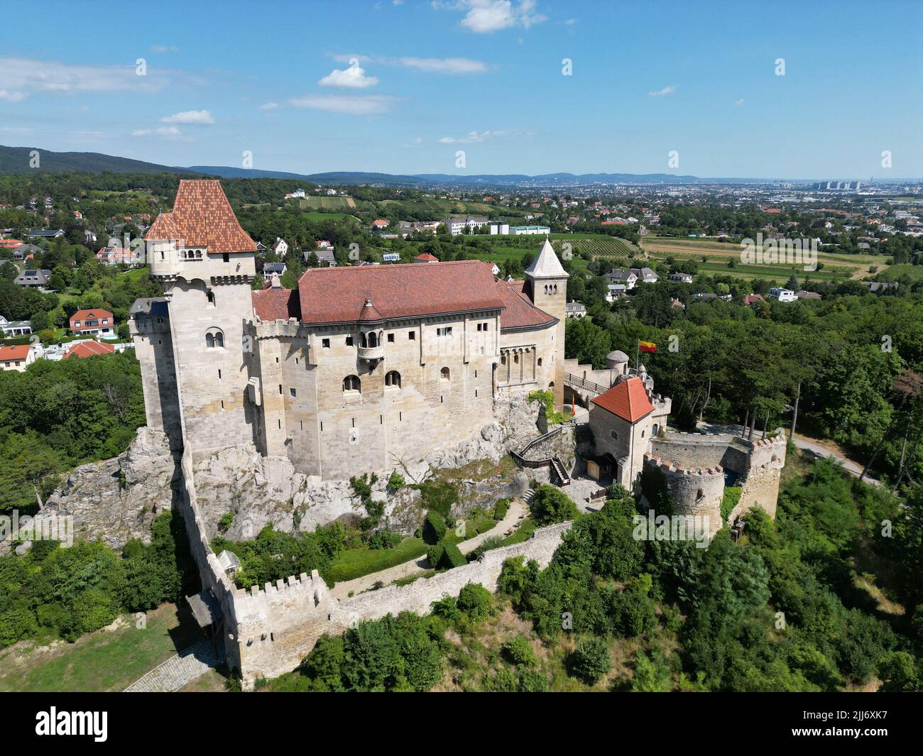 Drone footage of the Burg Lichtenstein, which is a castle on a hill ...
