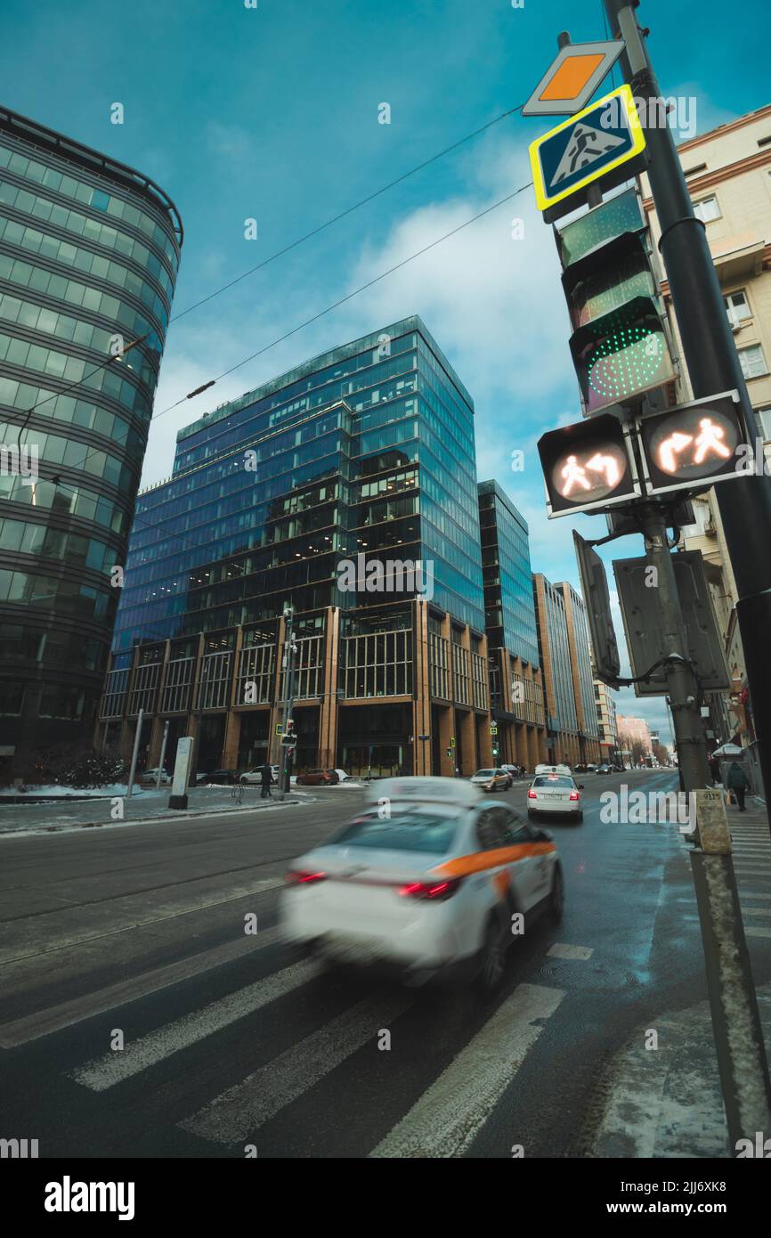 Lesnaya street in city center of Moscow with modern office buildings ...