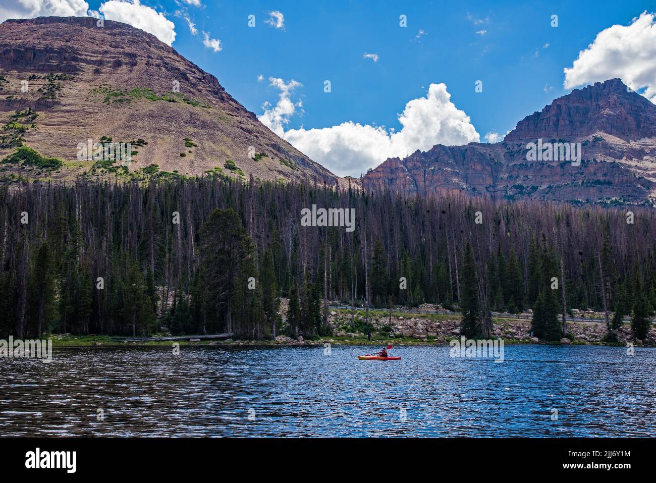 Red Kayak in Pass Lake, High Uinta Mountains of Utah, USA. Mt. Baldy ...