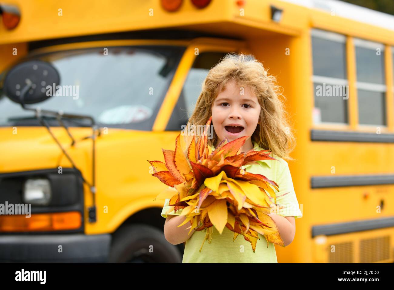 Back to school in september. Autumn child near school bus. Fall foliage ...